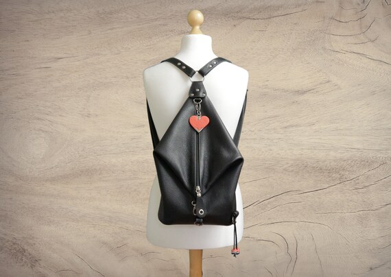 Black Leather Backpack Purse Triangular Convertible Shoulder - Etsy