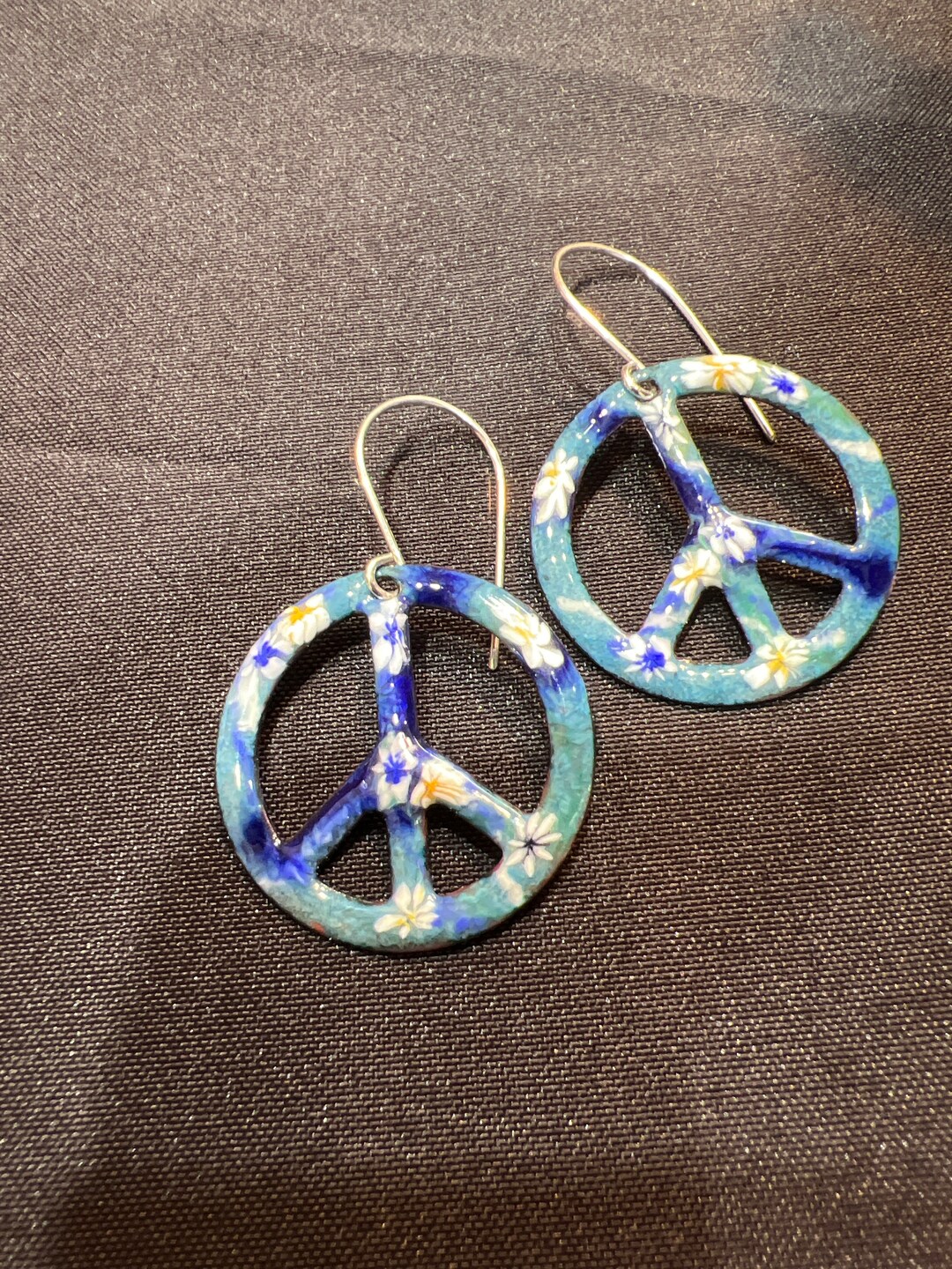 Blue Peace Signs With Floral Design, Custom Sterling Silver Ear Wires ...
