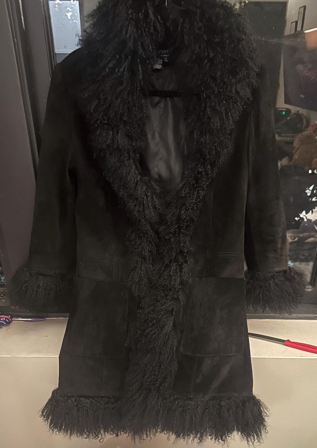 Mongolian Lamb Fur Trim Coat Penny Lane Jacket Suede Leather Black Sz ...