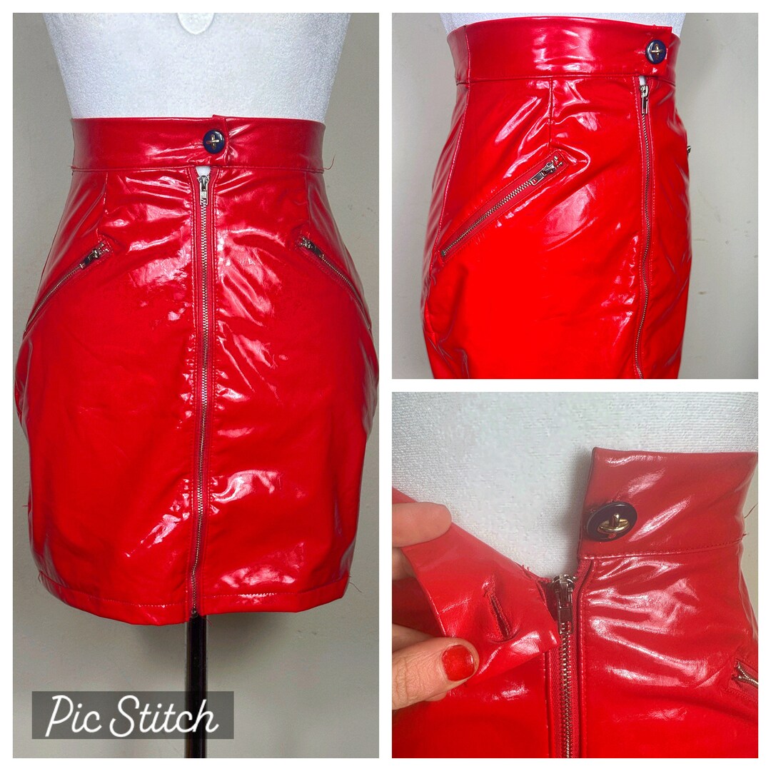 Red High Waisted Vinyl PVC Shiny Wet Look Mini Bodycon Red Zippered ...