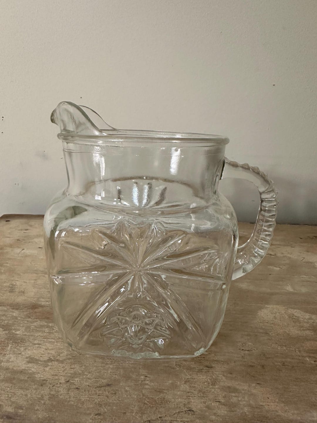Vintage Short Square Glass Pitcher With Spout and Handle Starburst ...