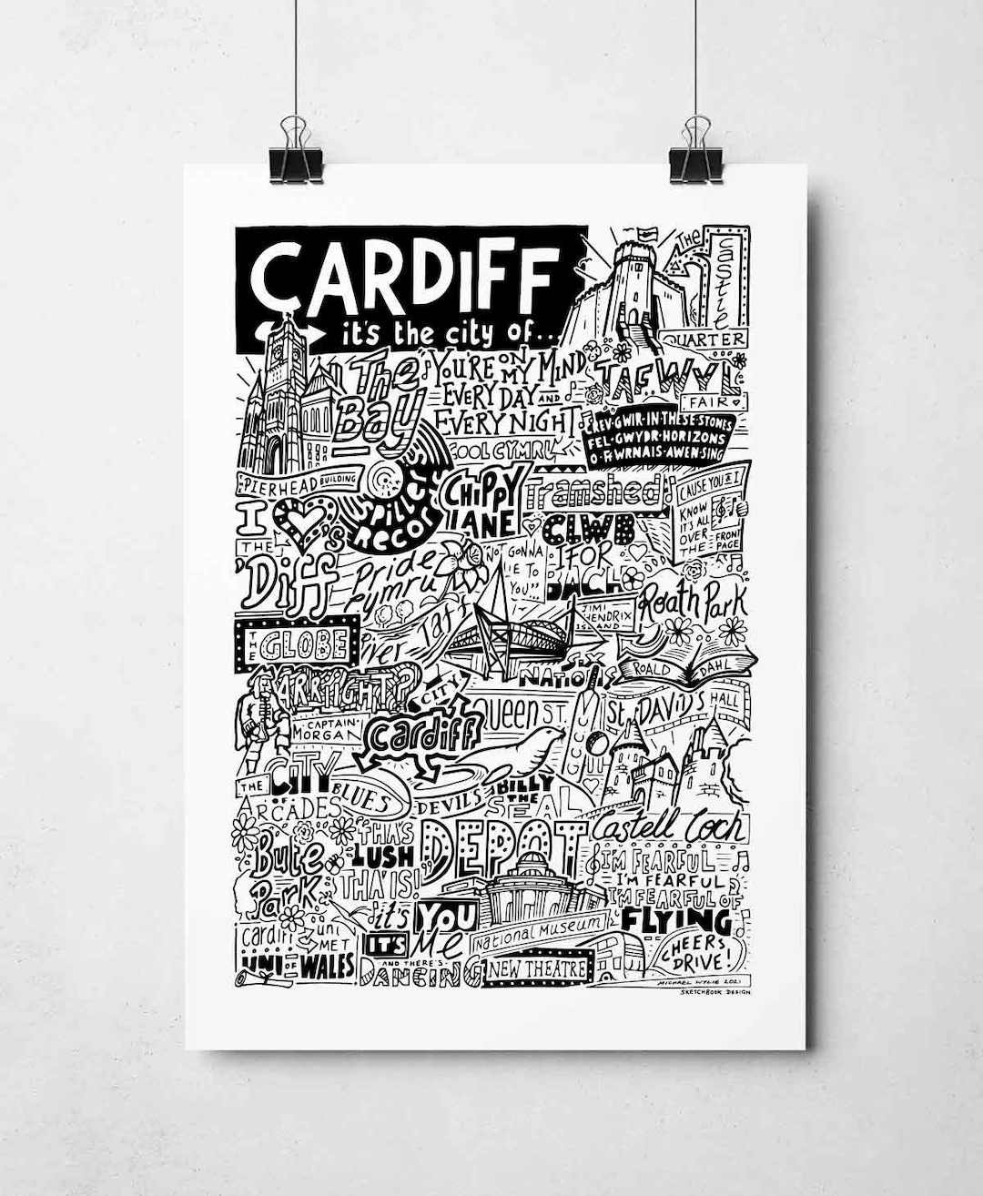 Cardiff Landmarks Wall Art | Caerdydd Gifts | Welsh Typography Print ...