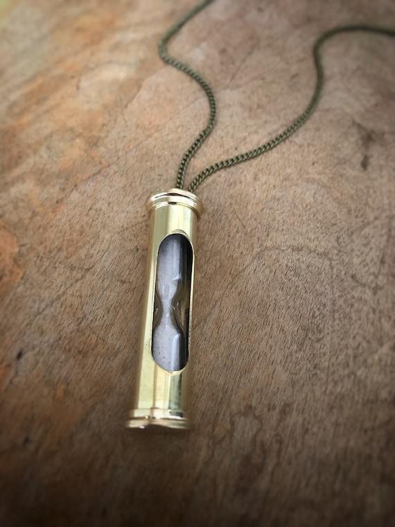 SALE Vintage Style Mini Sand Timer Hourglass Necklace Shiny Gold Brass Sandtimer