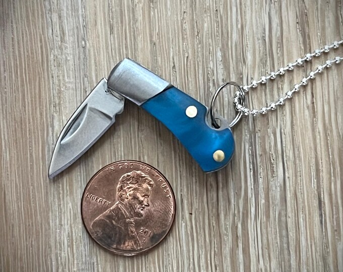 Blue Pearl Mini Miniature Folding Pocket Knife Necklace - Charm & Chain ...