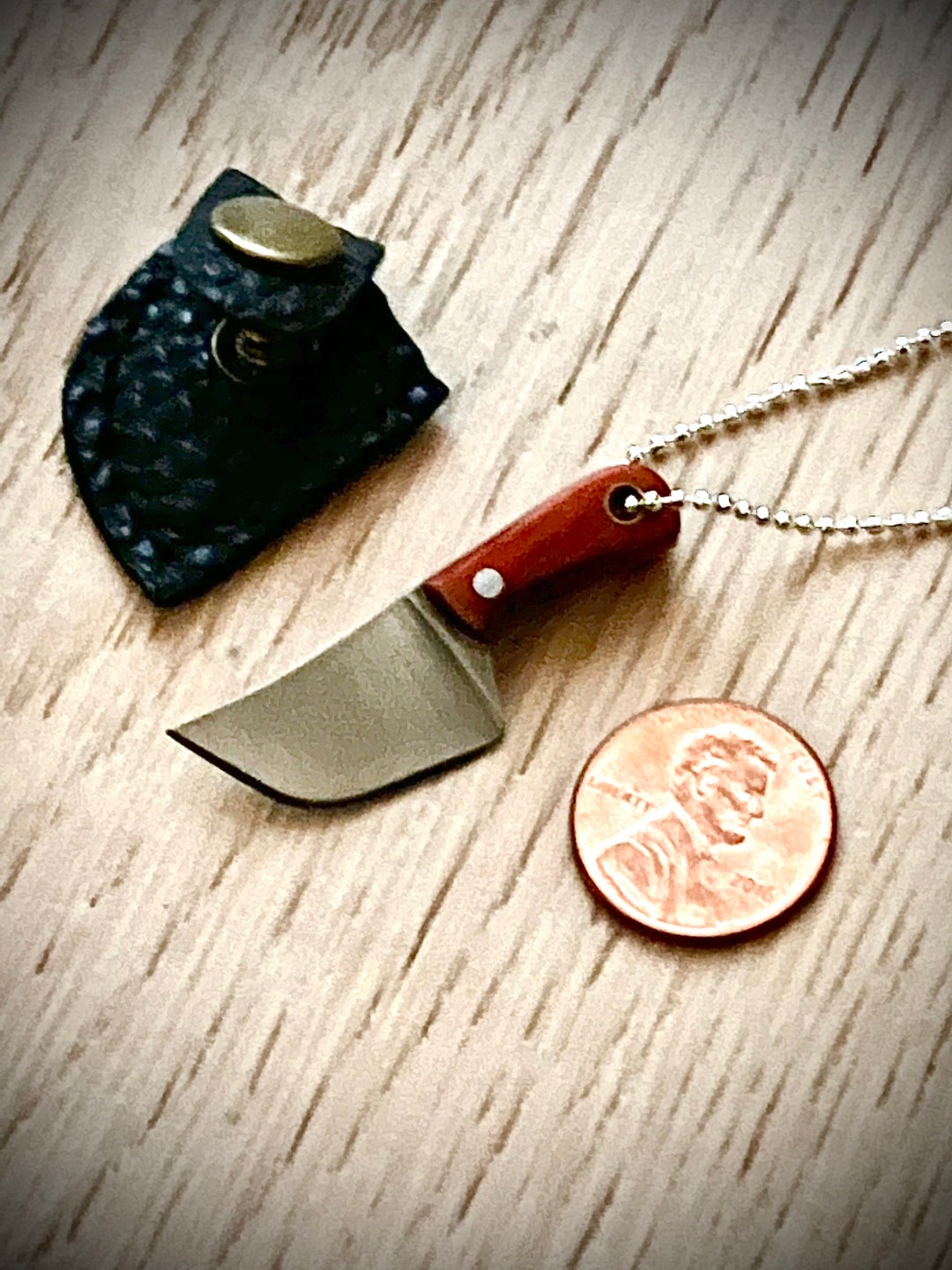 Miniature Butcher Cleaver Knife Necklace - Mini 3/4" Steel Blade Wood ...