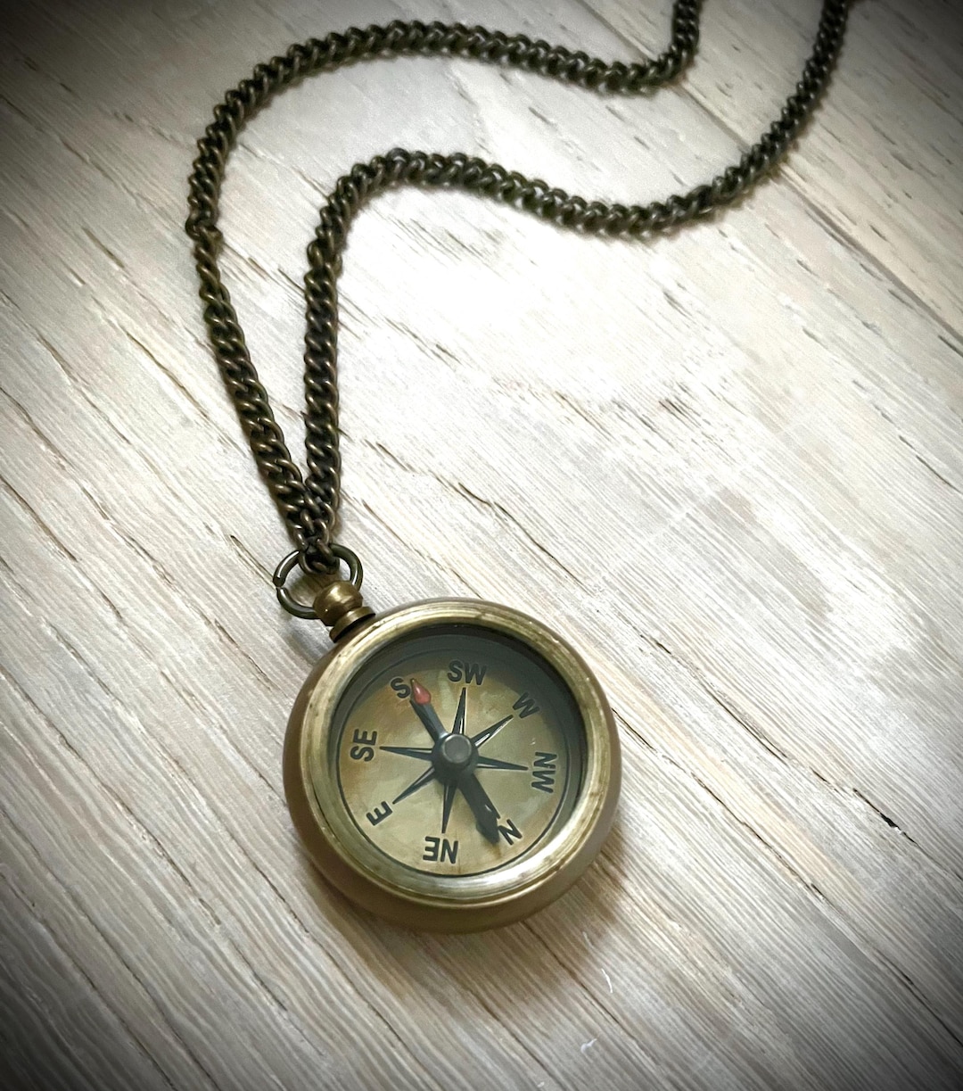 Small Compass Necklace, Antique Brass & Glass Face, Vintage Style ...