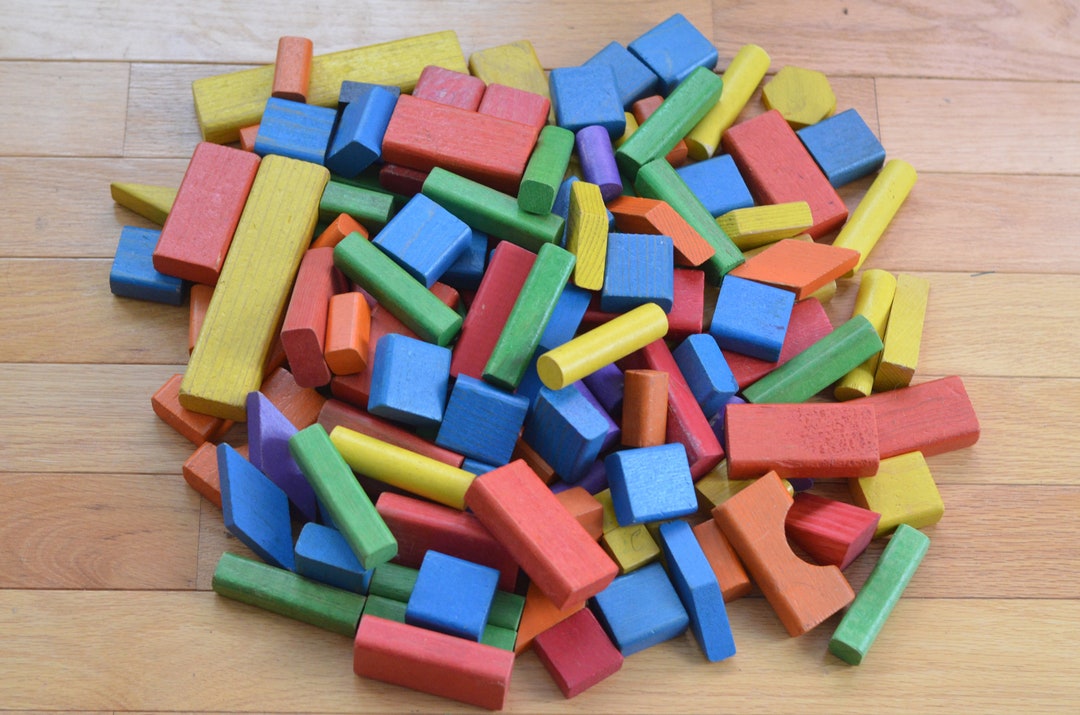 Vintage 70s Playskool Wooden Building Blocks 645 Colored Wood Blocks ...