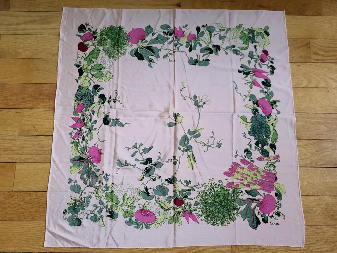 Vintage 70s Echo Silk Scarf Pastel Vegetable Garden Asparagus Peas ...