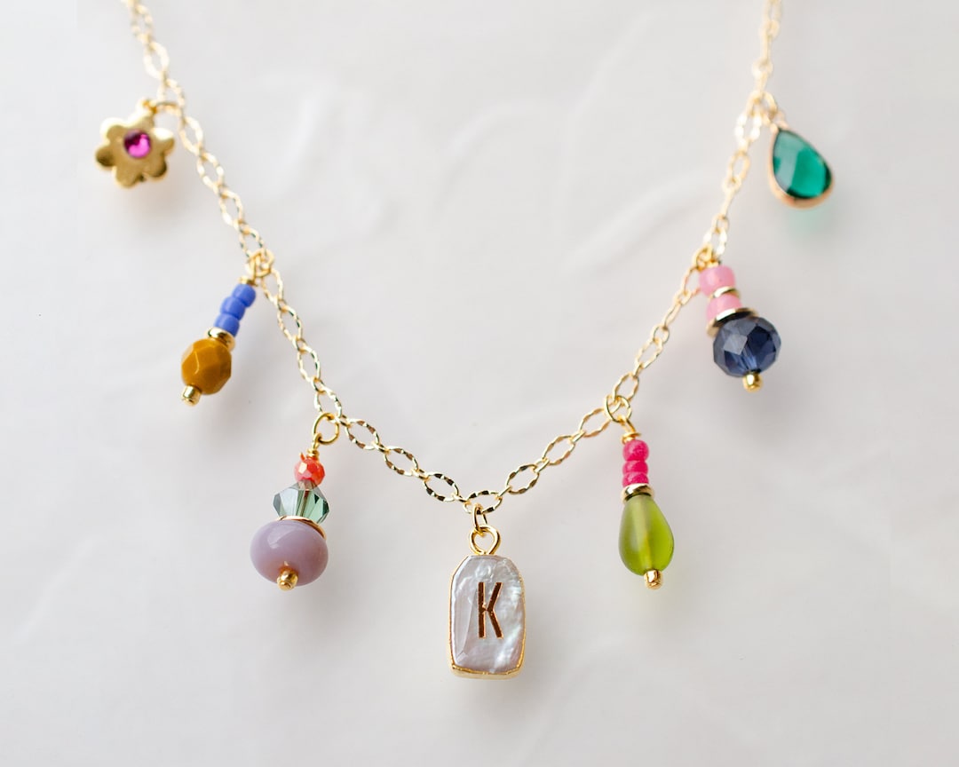 Pearl Initial Charm Necklace, Personalized Initial Necklace, Colorful ...