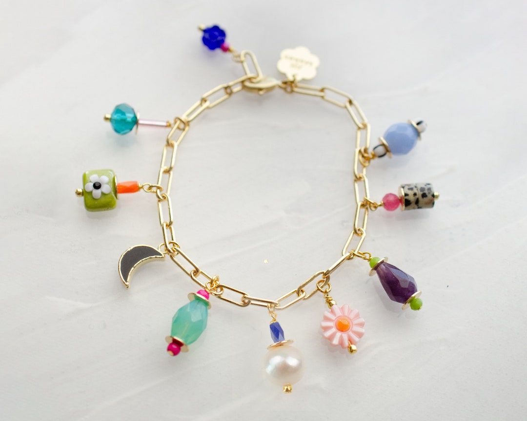 Pearl Charm Bracelet, Colorful Charm Bracelet, Moon Charm Bracelet ...