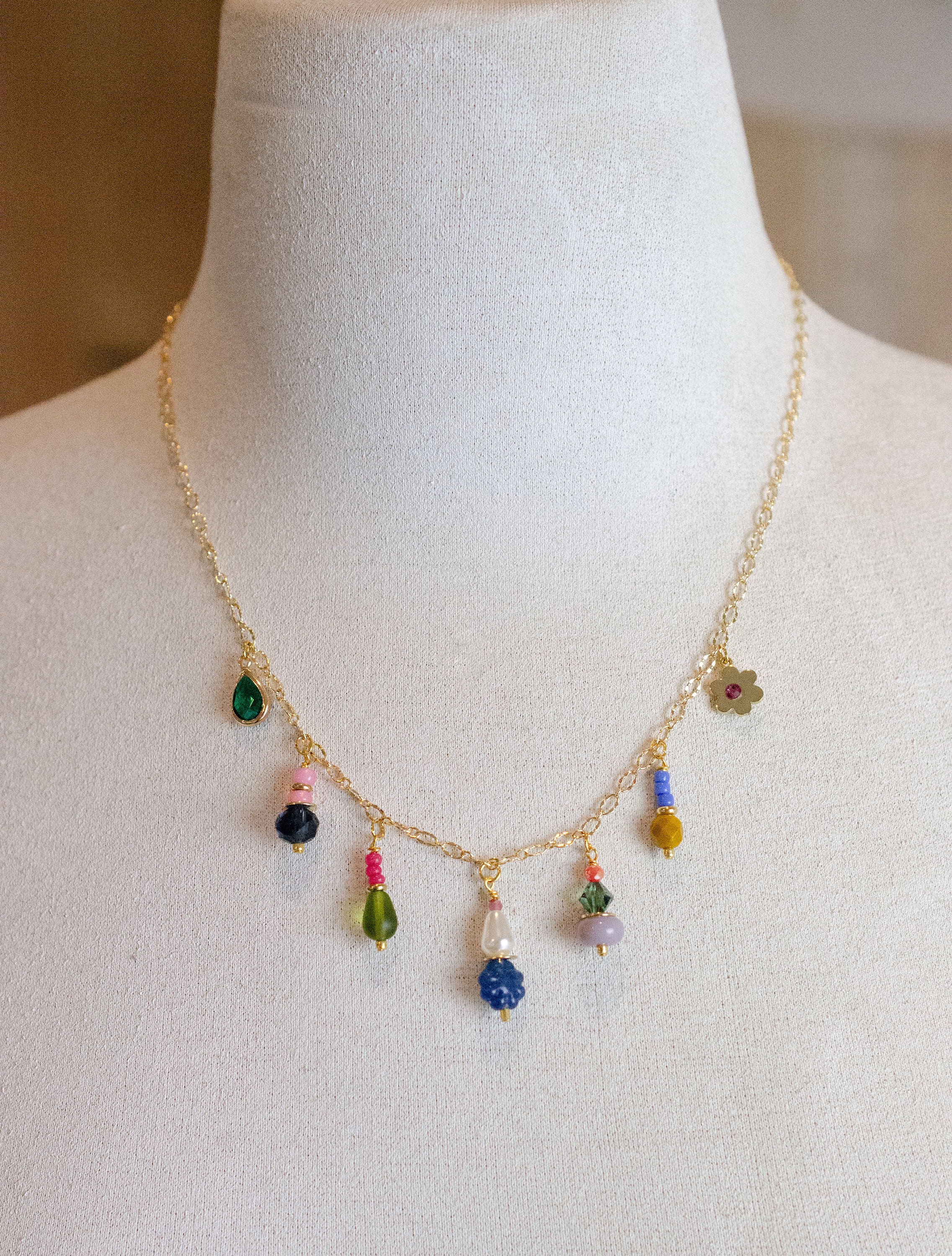 Flower Beaded Charm Necklace, Colorful Charm Necklace, Multi Charm ...