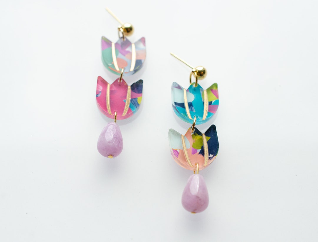 Colorful Flower Statement Earrings, Acrylic Earrings, Abstract, Floral ...