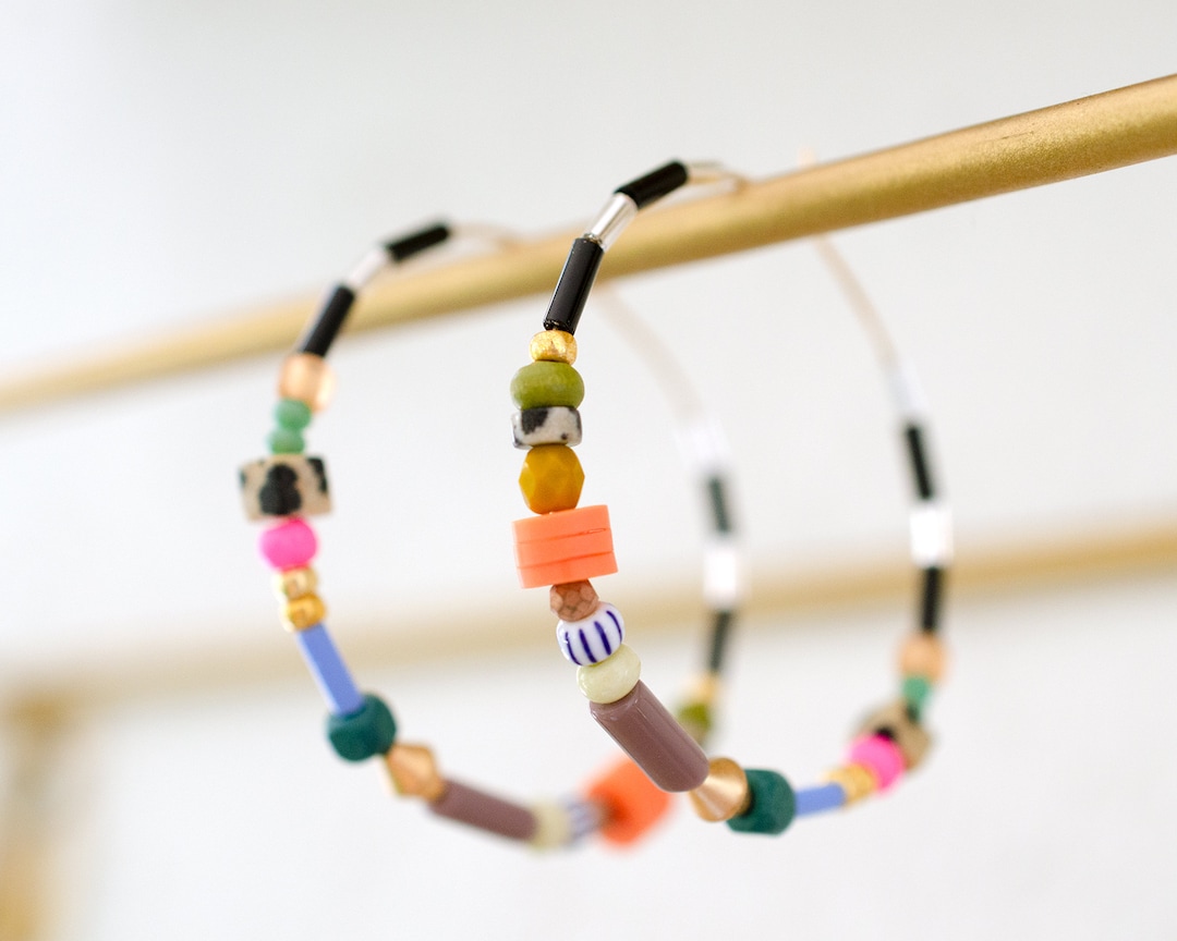 Colorful Beaded Hoops, Large Hoop Earrings, Gold Filled Hoops ...