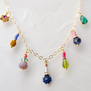 Flower Beaded Charm Necklace, Colorful Charm Necklace, Multi Charm ...