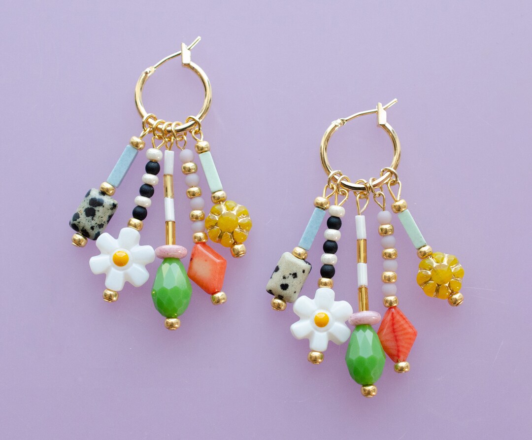 Colorful Dangle Earrings Beaded Charm Earrings Flower Hoop - Etsy