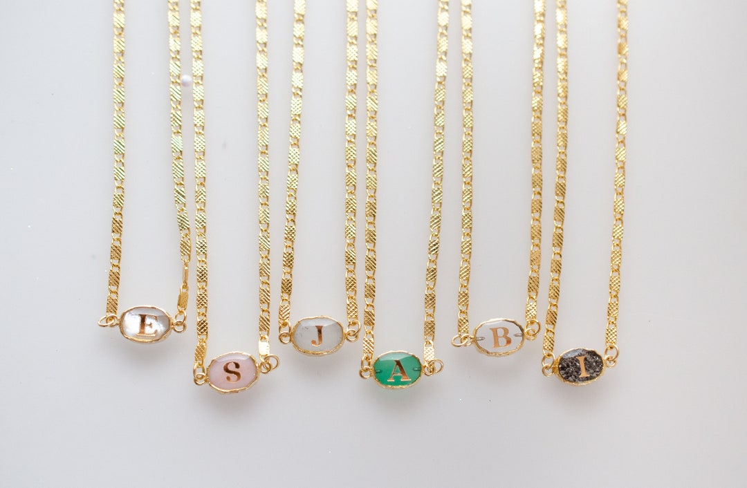 Horizontal Initial Gemstone Necklace, Personalized Monogram Initial ...