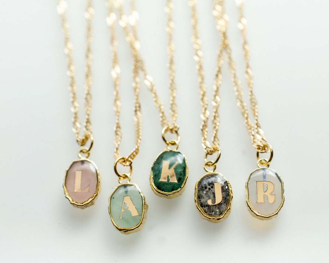 Small Gold Initial Necklace, Custom Initial Necklace, Small Gemstone ...