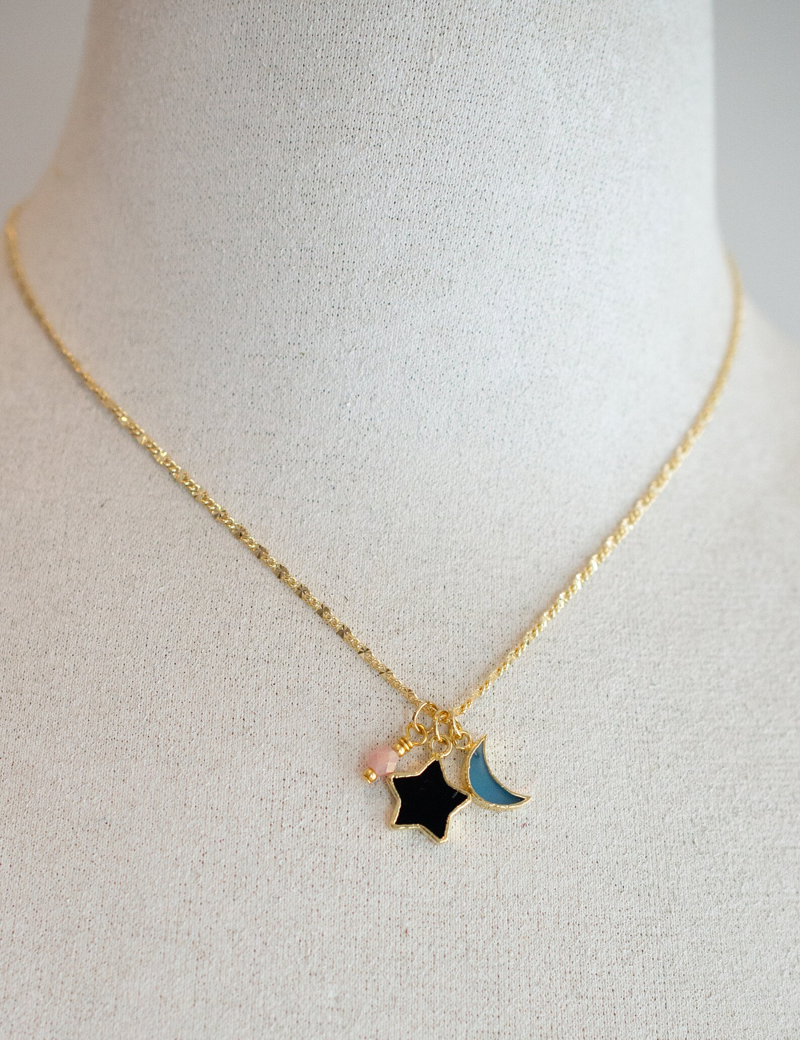 Moon and Star Charm Necklace Celestial Gemstone Necklace - Etsy