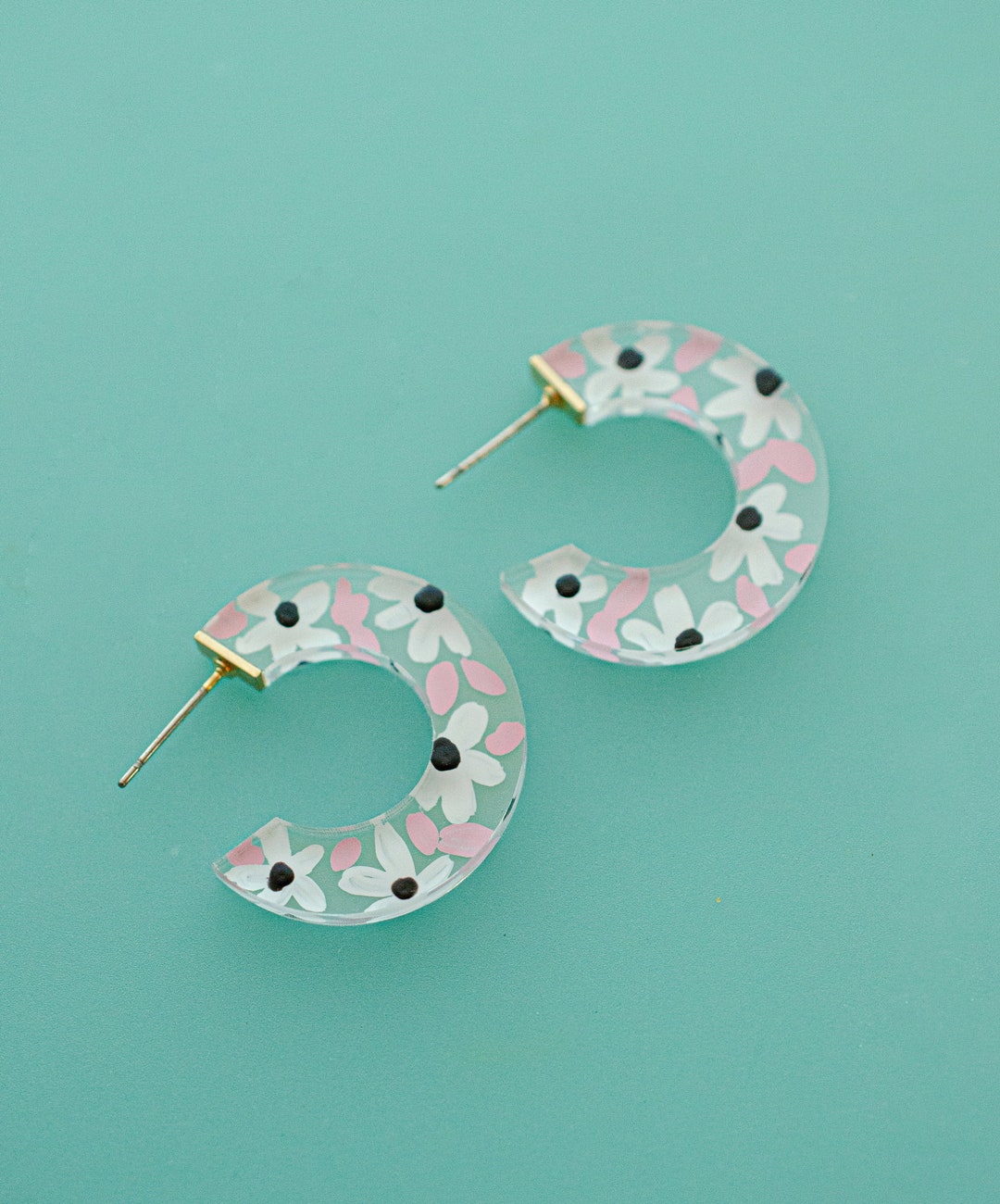 Pink Flower Hoops, Hand Painted Hoops, Colorful Hoop Earrings Statement ...