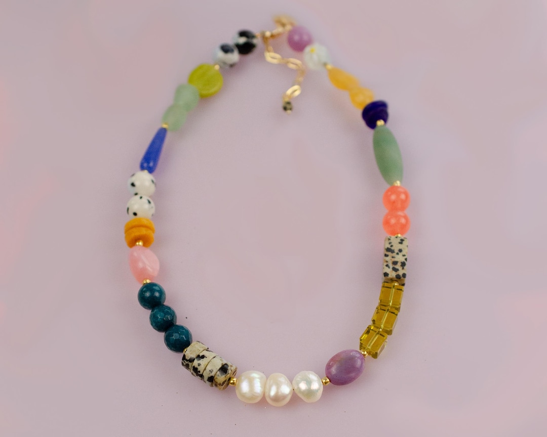 Colorful Pearl Beaded Necklace, Multicolored Beaded Statement Necklace ...