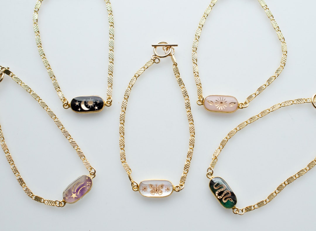 Gemstone Chain Bracelet, Gold Charm Bracelet, Gold Pearl Bracelet ...