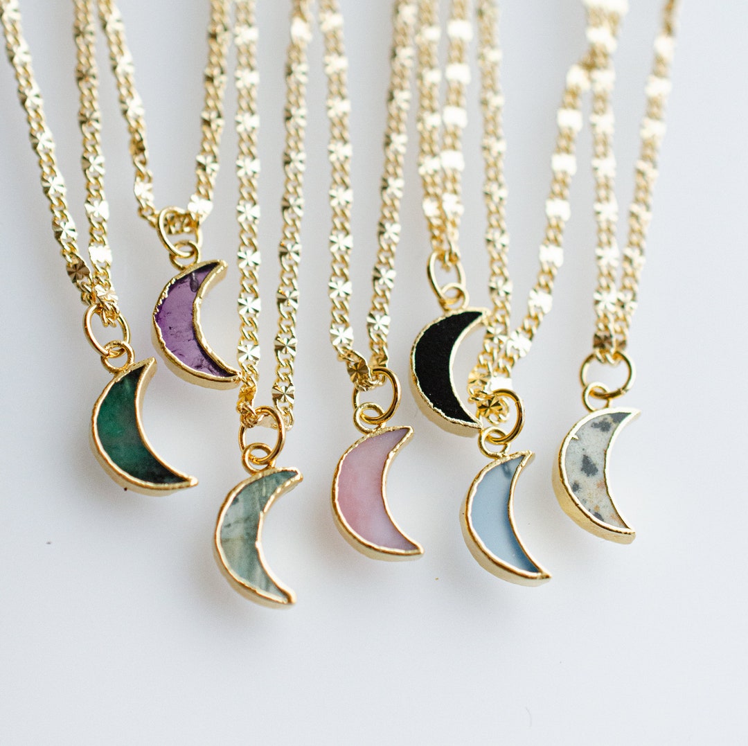 Moon Natural Stone Necklace, Celestial Jewelry, Crescent Moon Necklace ...