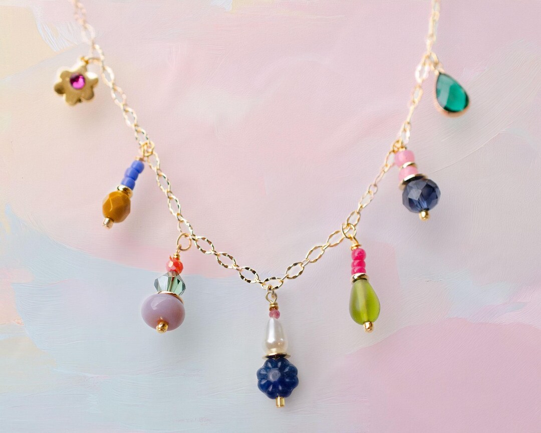 Flower Beaded Charm Necklace, Colorful Charm Necklace, Multi Charm ...