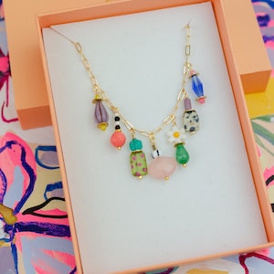 Colorful Charm Necklace, Flower Charm Necklace, Bright Beaded Necklace ...