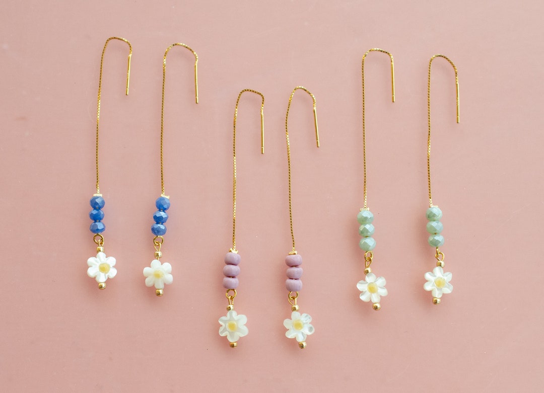Flower Threader Earrings, Flower Dangle Earrings, Gold Threaders ...