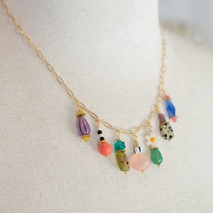 Colorful Charm Necklace, Flower Charm Necklace, Bright Beaded Necklace ...
