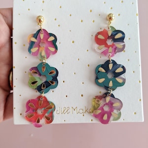 Colorful Flower Earrings, Flower Dangle Earrings, Spring Jewelry, Handpainted Earrings, Long ...