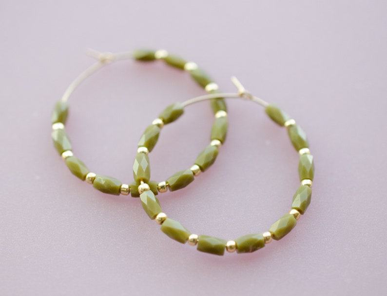 Small Beaded Hoop Earrings, Minimalist Hoops, Red Hoop Earrings, Olive ...