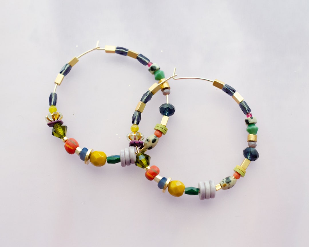 Large Beaded Hoops, Jewel Toned Beaded Hoops, Seed Bead Hoops, Colorful ...