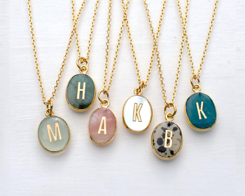 Oval Initial Gemstone Necklace Gold Initial Necklace Initial - Etsy
