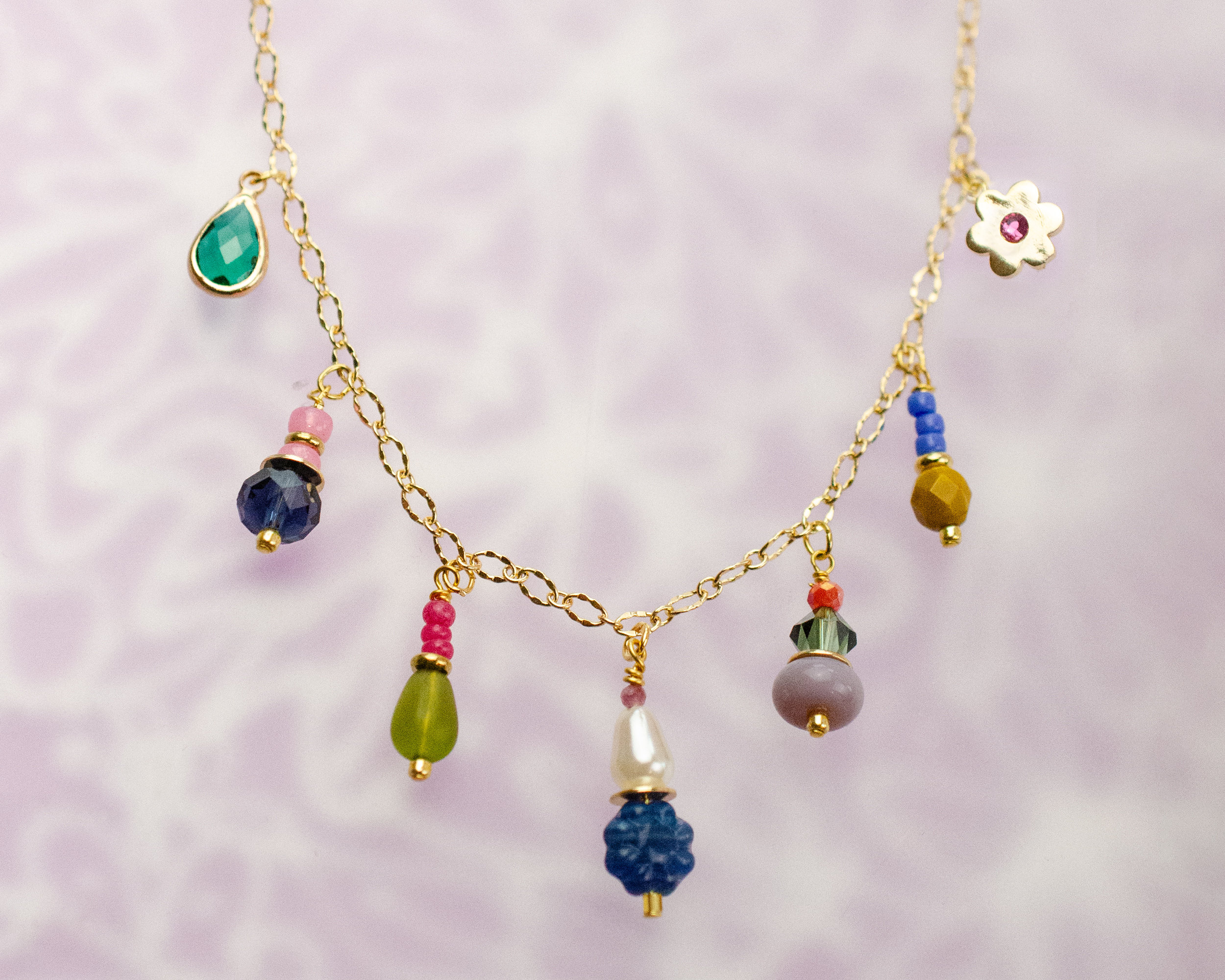 Flower Beaded Charm Necklace, Colorful Charm Necklace, Multi Charm ...