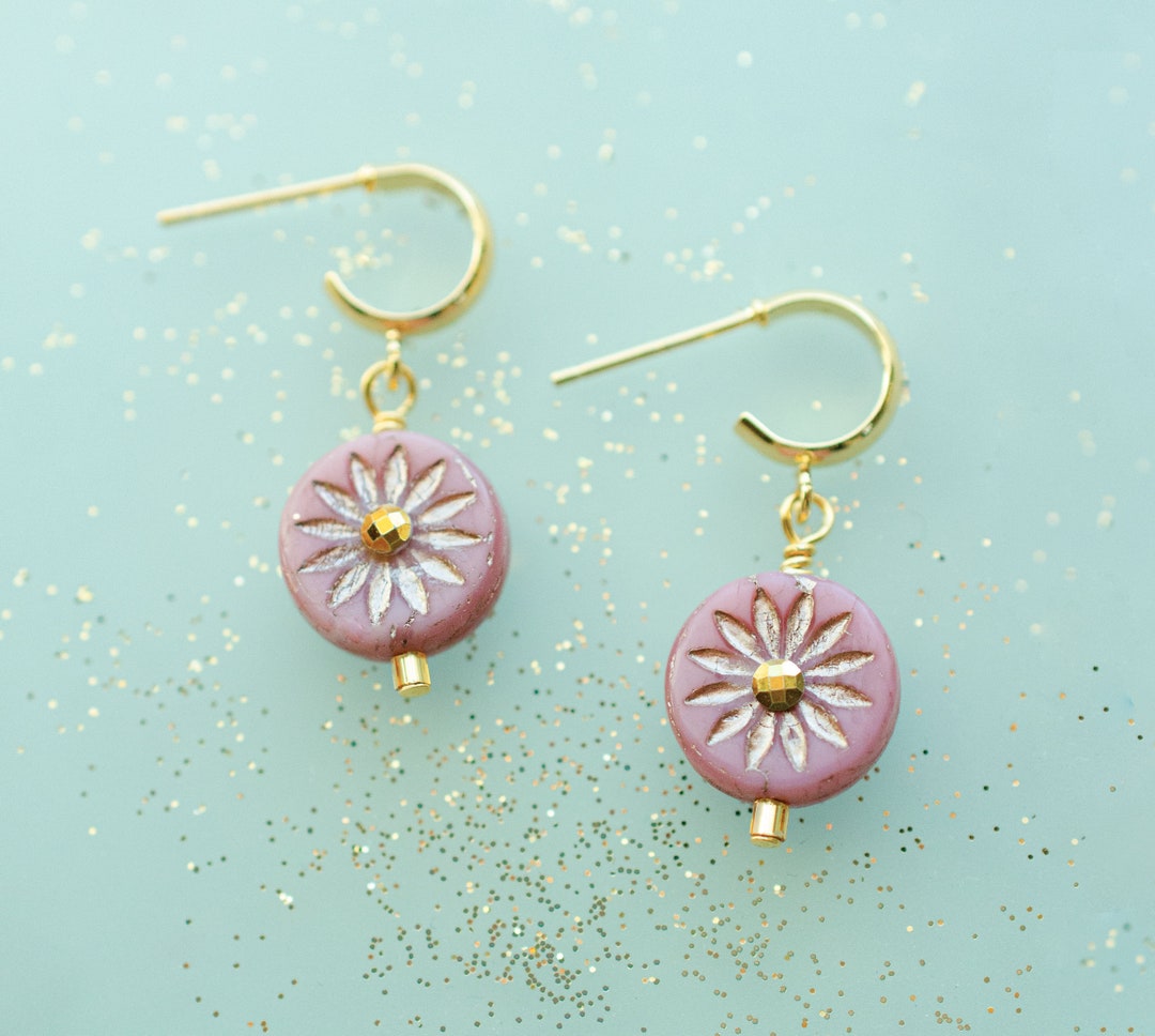 Flower Hoop Earrings, Colorful Hoops, Huggie Earrings, Small Dangle ...