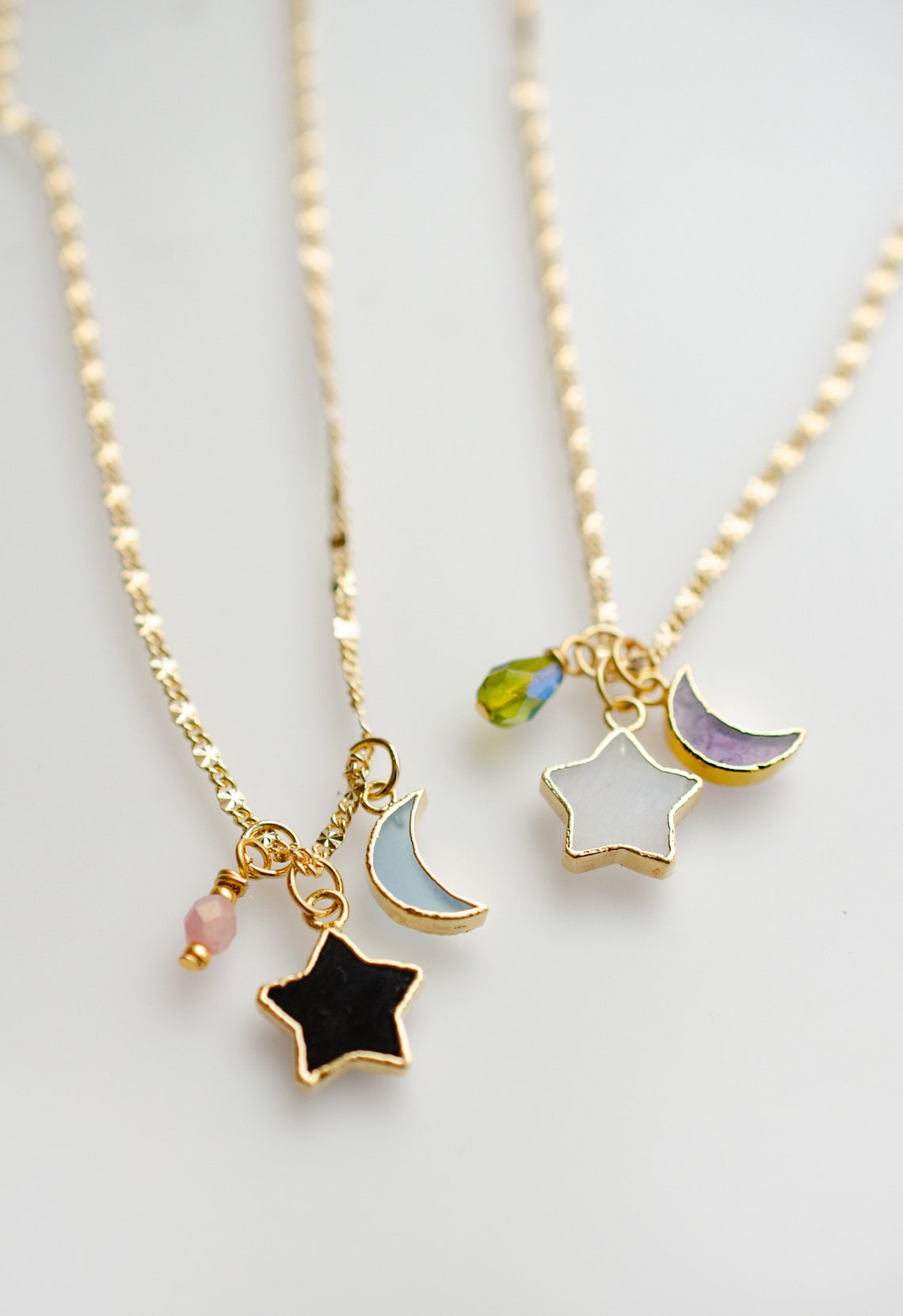 Moon and Star Charm Necklace, Celestial Gemstone Necklace, Natural ...