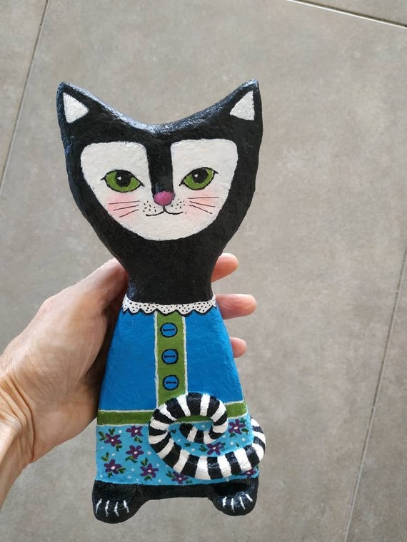 Cat From Paper Mache Cute Kitty Folk Art Cat Decor | Etsy