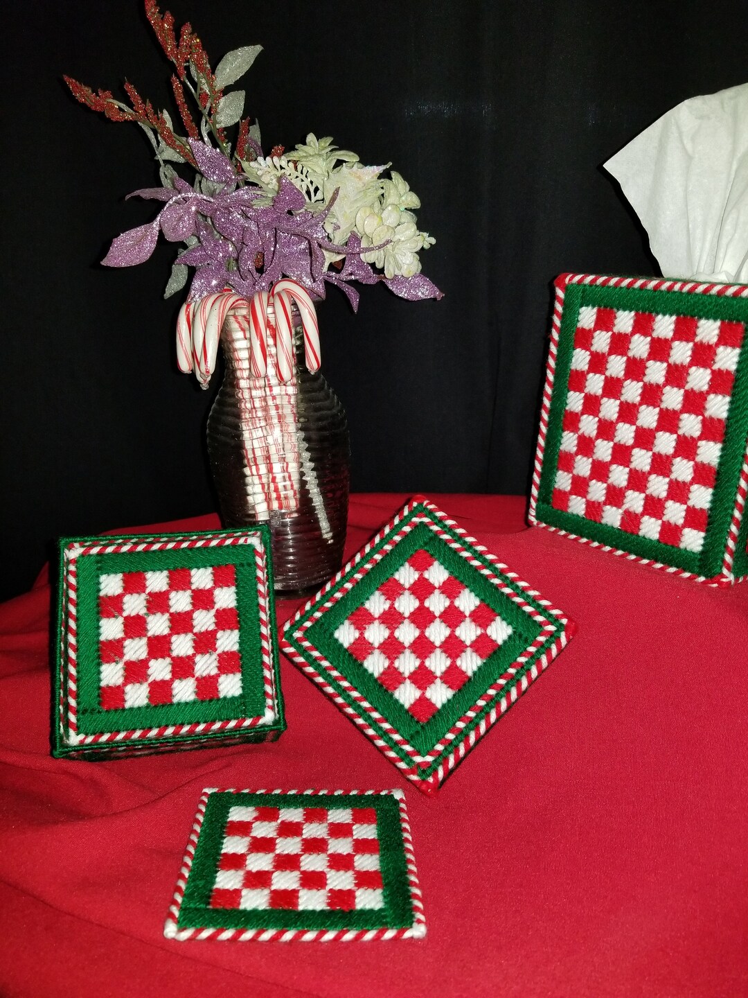 Checkered Christmas Tissue Box Cover/tissue Box Topper and Coaster Set ...