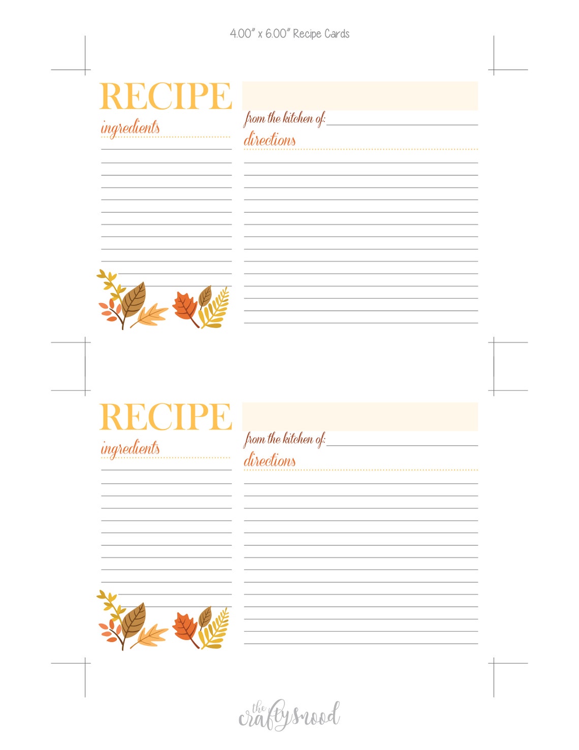 Fall/autumn Recipe Card Printable Digital File | Etsy