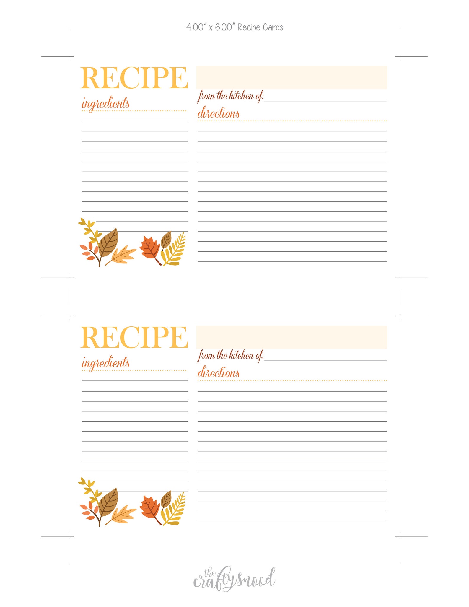Fall/autumn Recipe Card Printable Digital File | Etsy