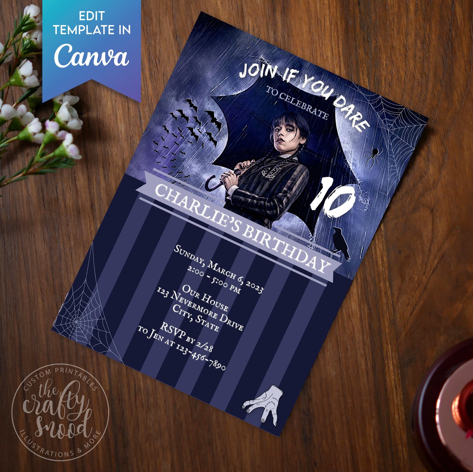 Editable Wednesday Party Invite, Canva Template, Wednesday Addams ...
