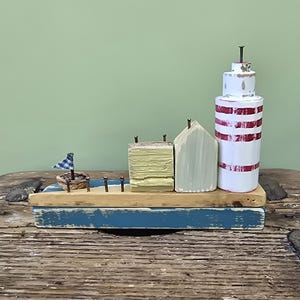 Wooden Harbour Model With Lighthouse and Boats. Little Wooden Seaside ...