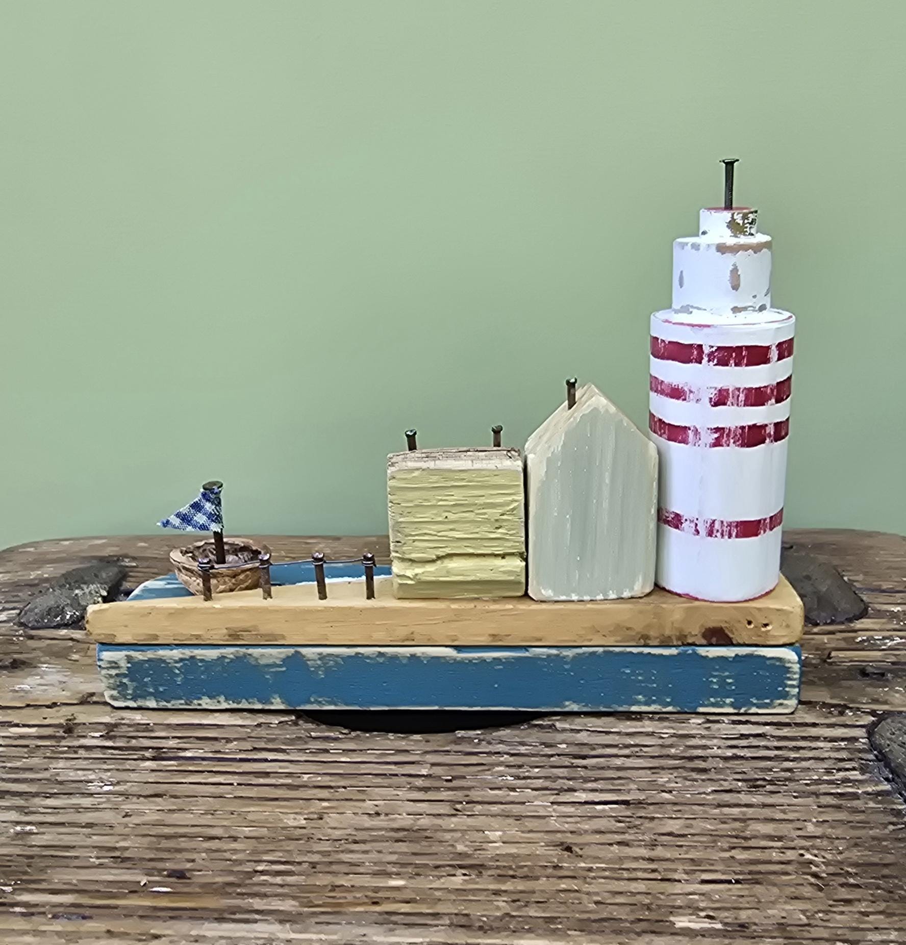 Wooden Harbour Model With Lighthouse and Boats. Little Wooden Seaside ...