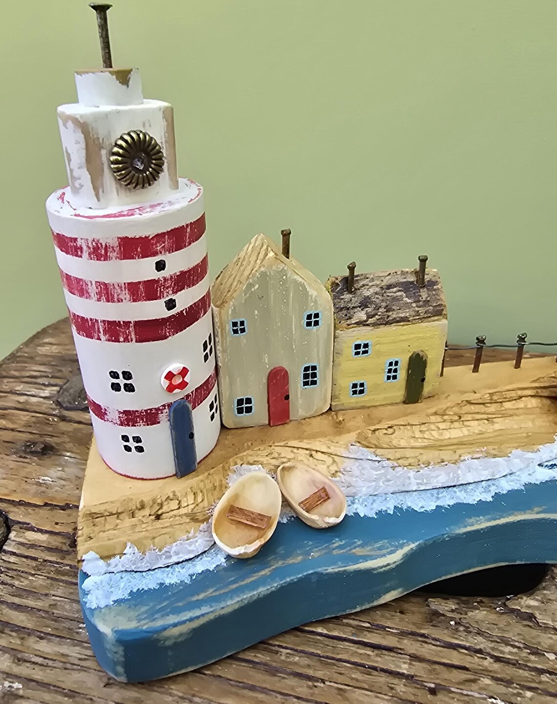Wooden Harbour Model With Lighthouse and Boats. Little Wooden Seaside ...