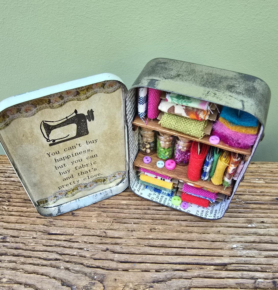 Miniature Sewing Room Scene in a Vintage Tin. Unique Handmade Sewing ...