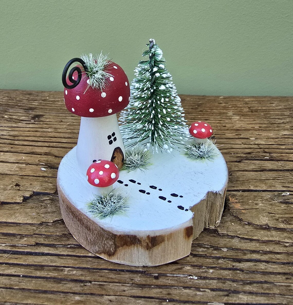Whimsical Handmade Wooden Toadstool House on Log Slice - Unique ...
