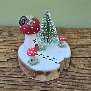 Whimsical Handmade Wooden Toadstool House on Log Slice - Unique ...