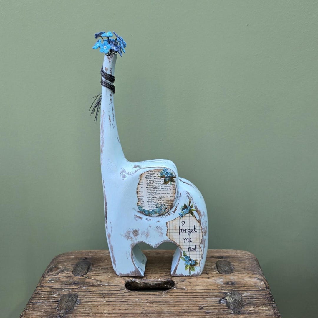 Wooden Elephant With Forget-me-not Flowers. Light Duck Egg Blue ...