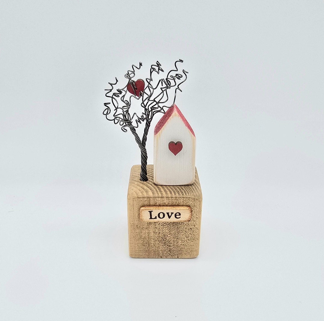 Little Wood House With Wire Heart Tree Handmade Valentine's Day Love ...